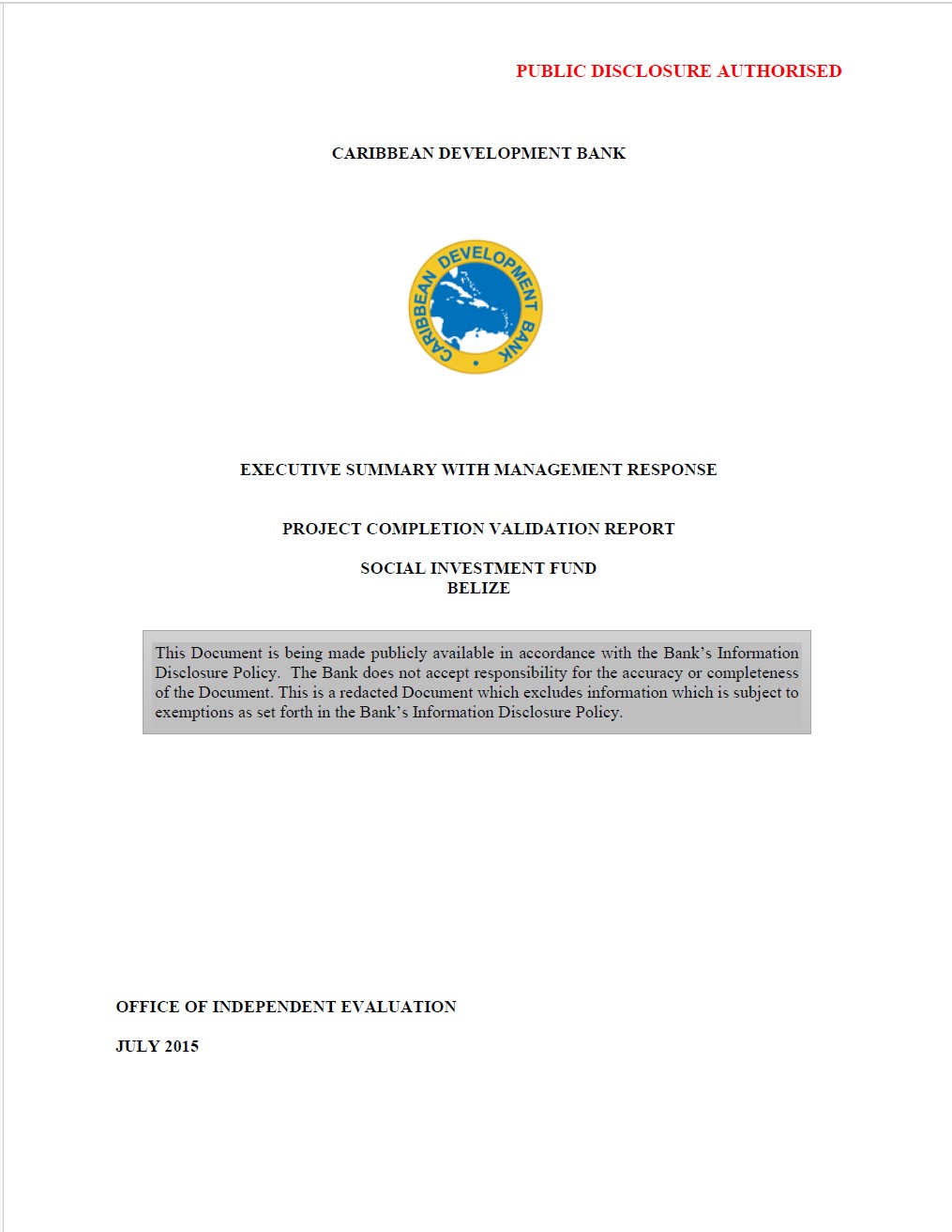 Social Investment Fund - Belize (2015) | Caribbean Development Bank
